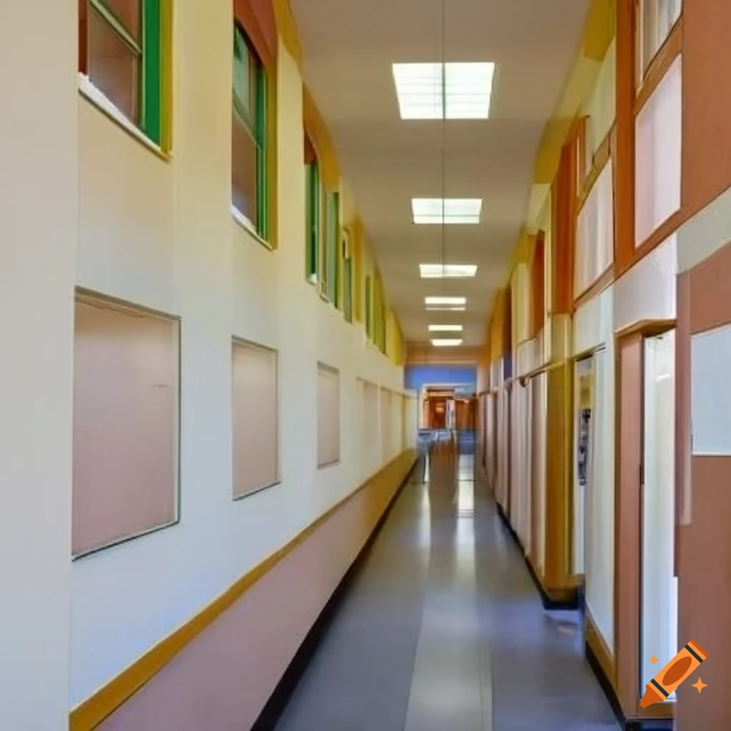 School corridor with classrooms and a hall on Craiyon