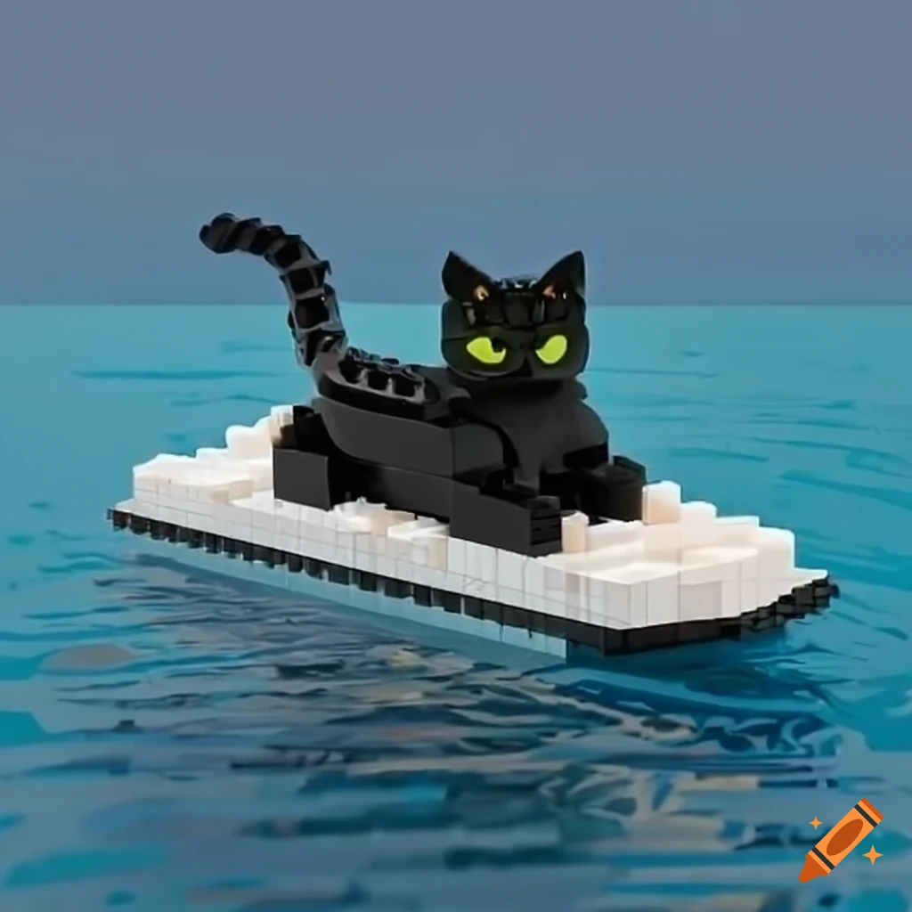 Lego black cat on a jetski at the ocean on Craiyon