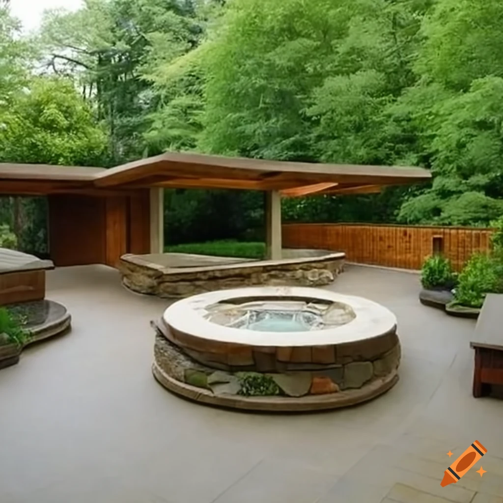 Open design patio with stone floor and post & beam construction on Craiyon