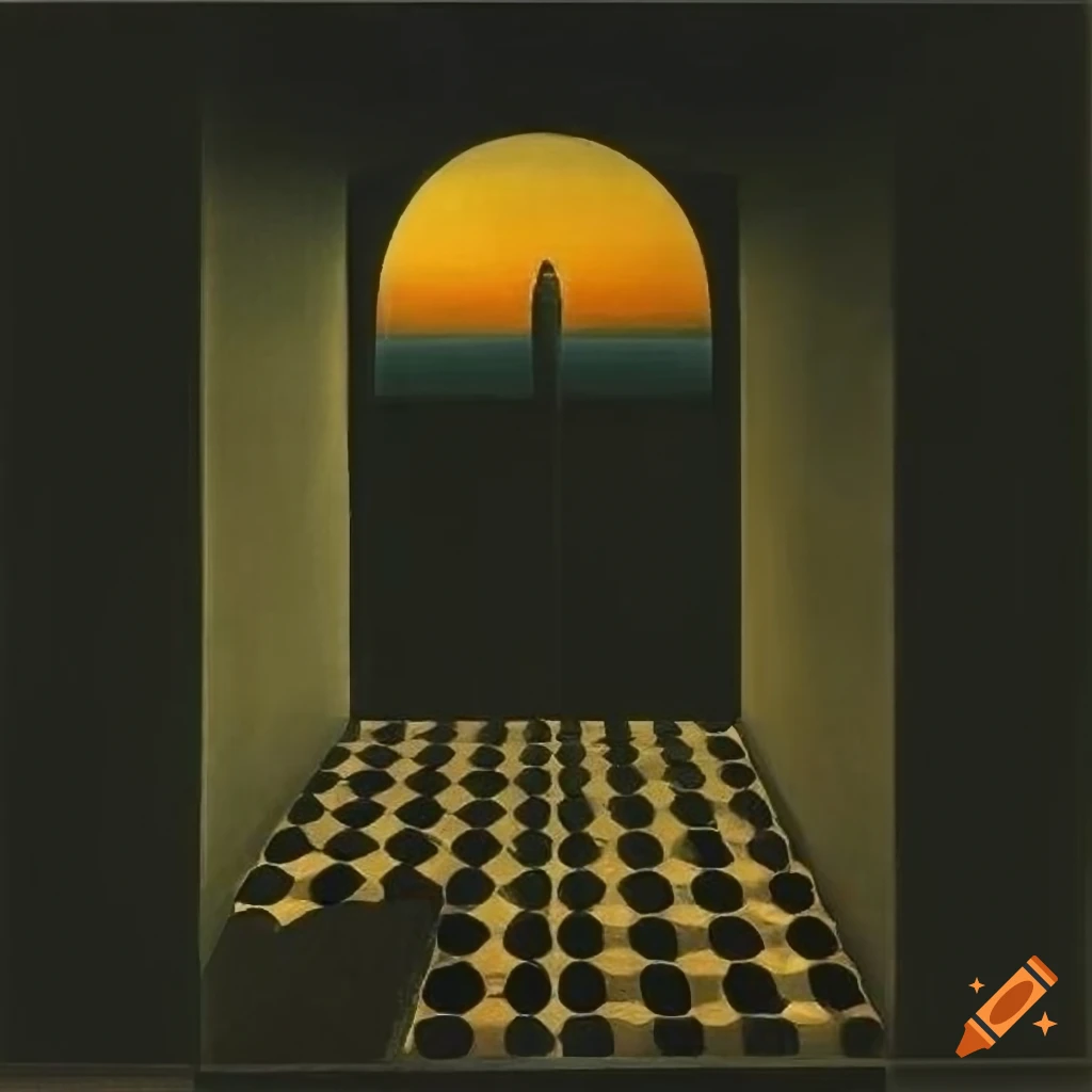 Surreal painting of checkered floor and a portal to another dimension ...