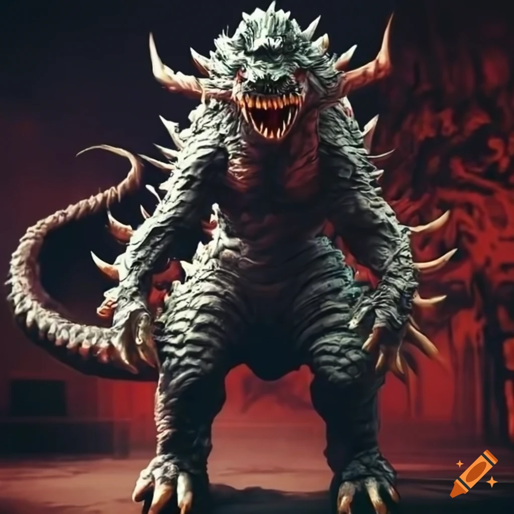 Captivating kaiju with vibrant red skin and sharp fangs on Craiyon