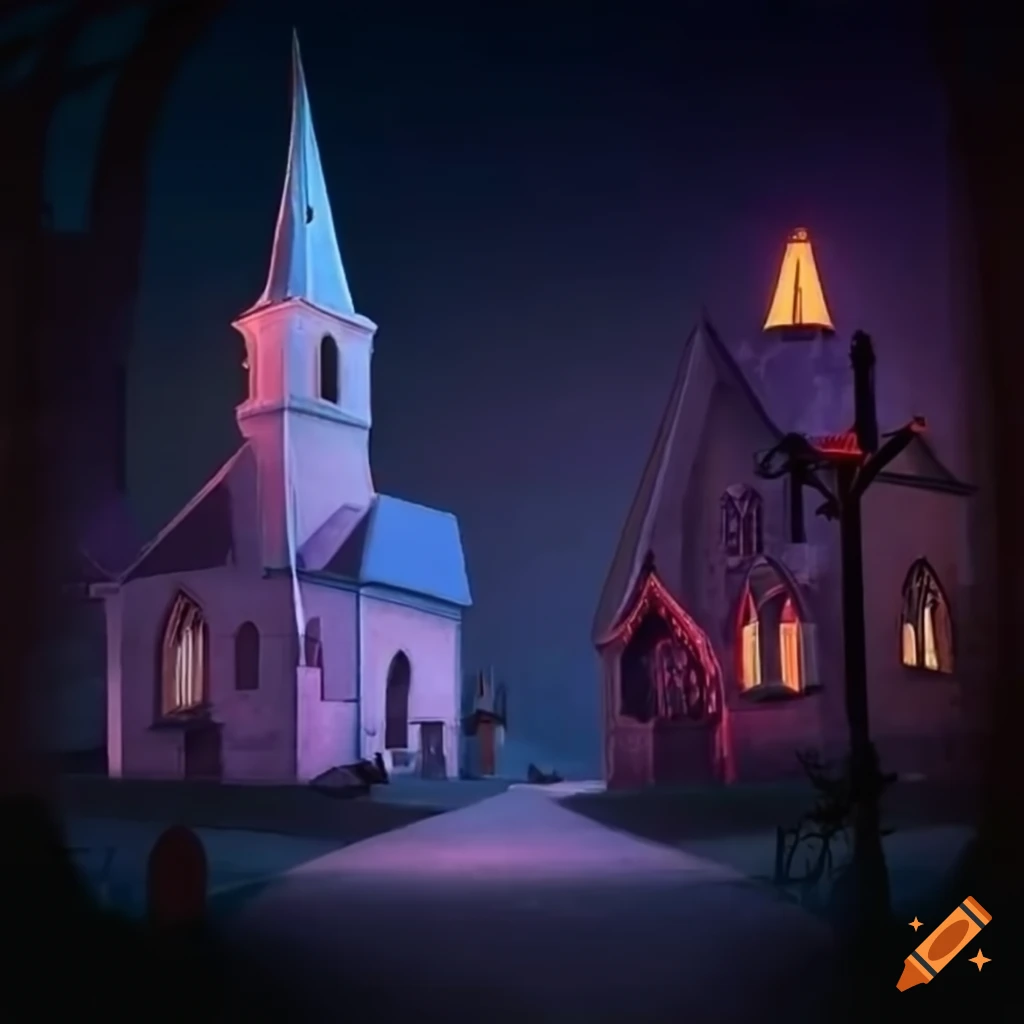 Halloween night with graveyard and spooky church on Craiyon