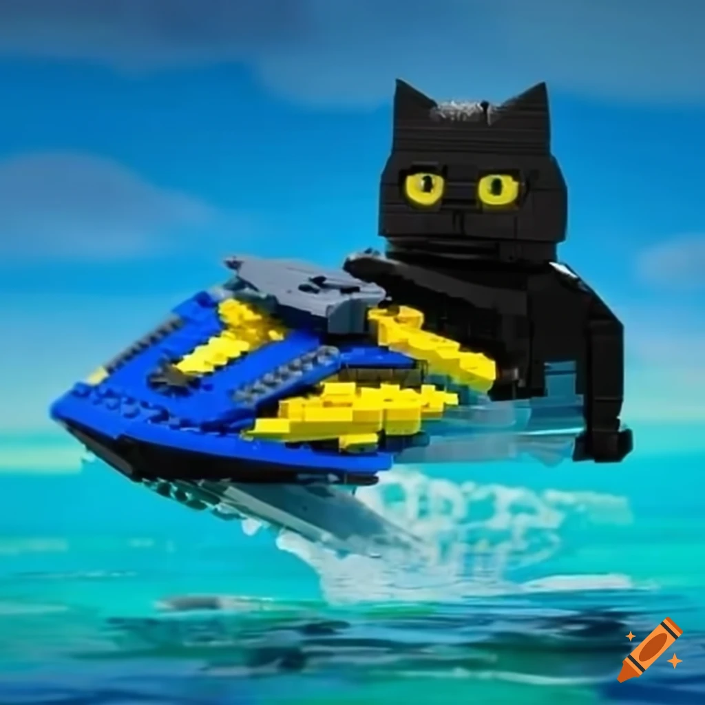 Lego black cat riding a jetski at the ocean