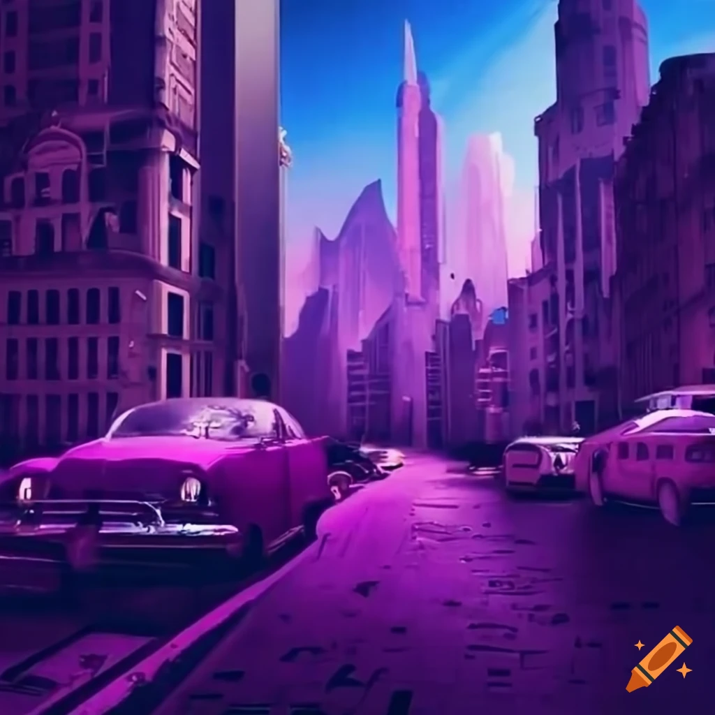 Purple futuristic city with an old car on Craiyon