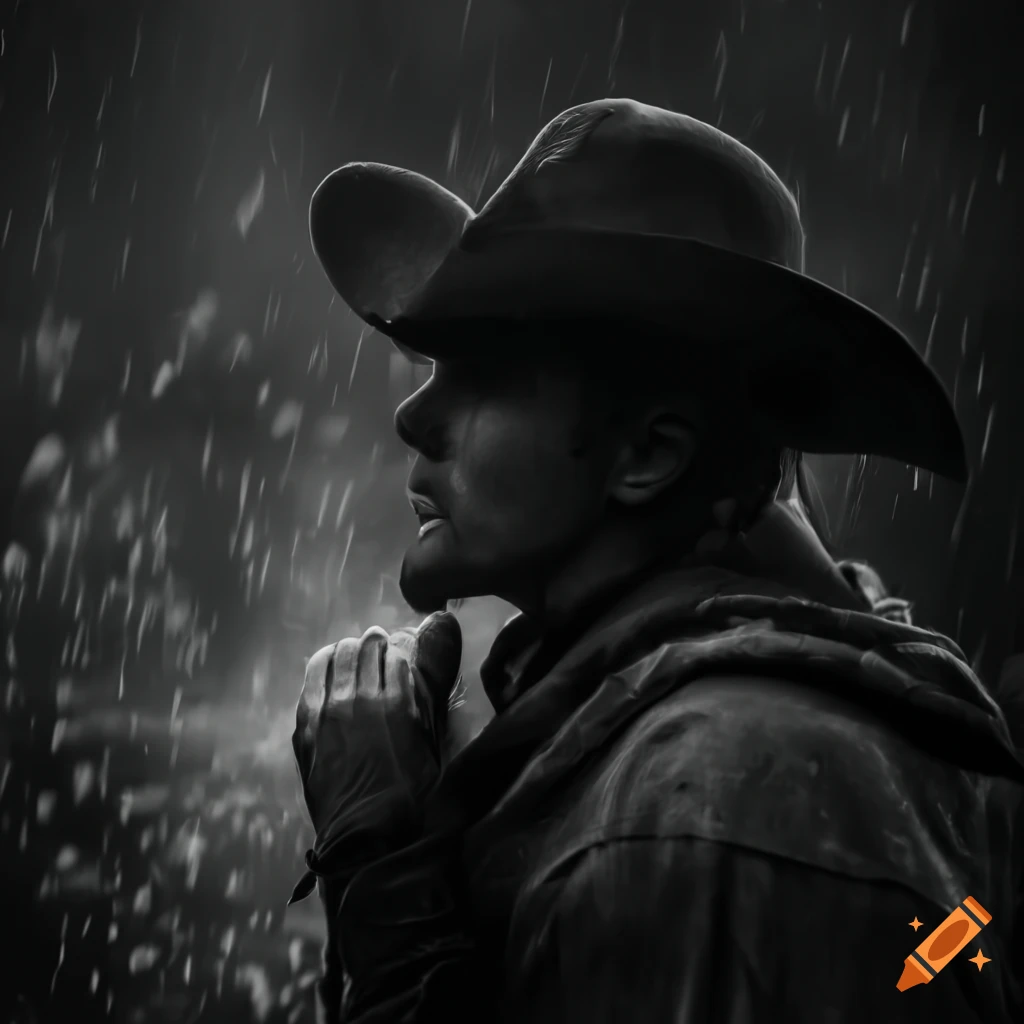 Black and white portrait of a depressed cowboy in a rainy field