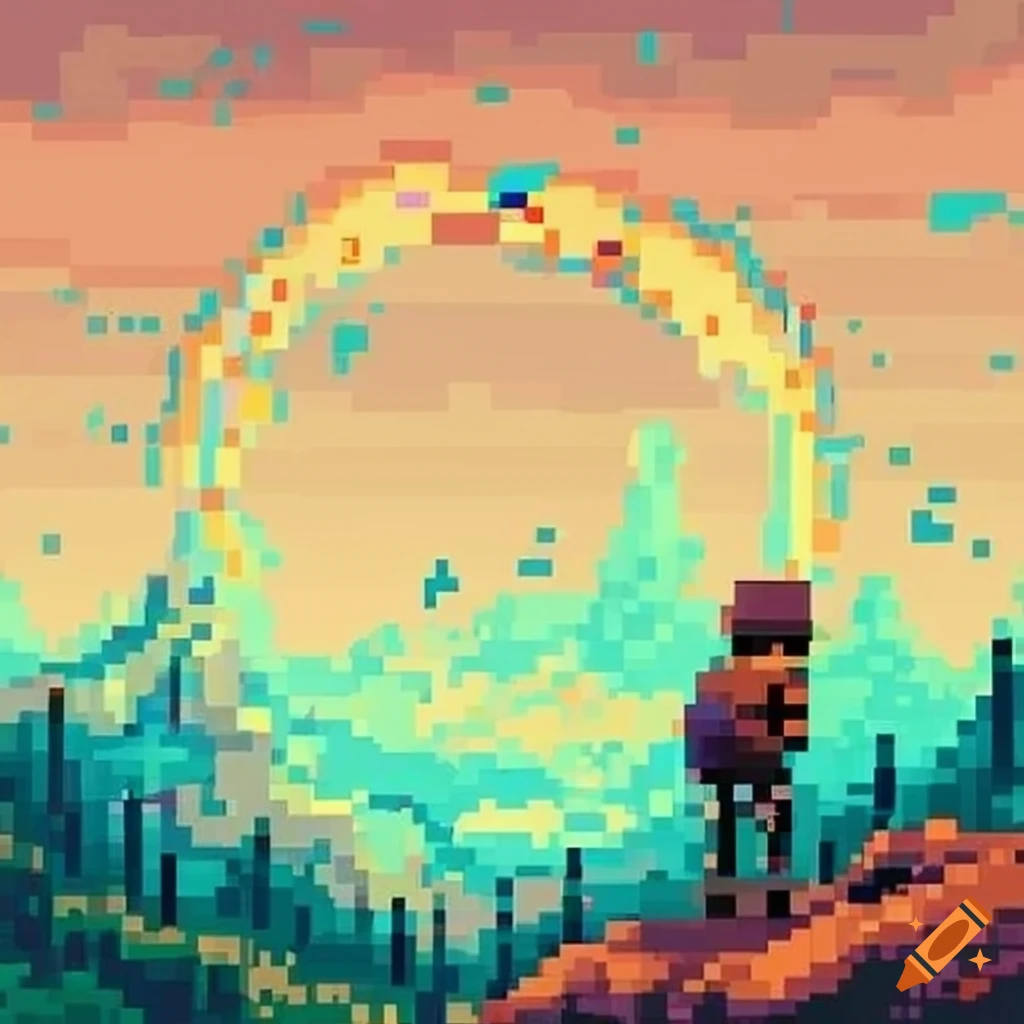Pixel art depicting an adventurous scene on Craiyon