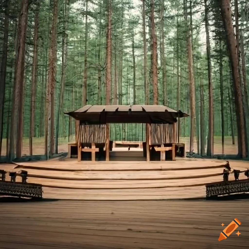 Public park with pine forest and wooden event stage on Craiyon