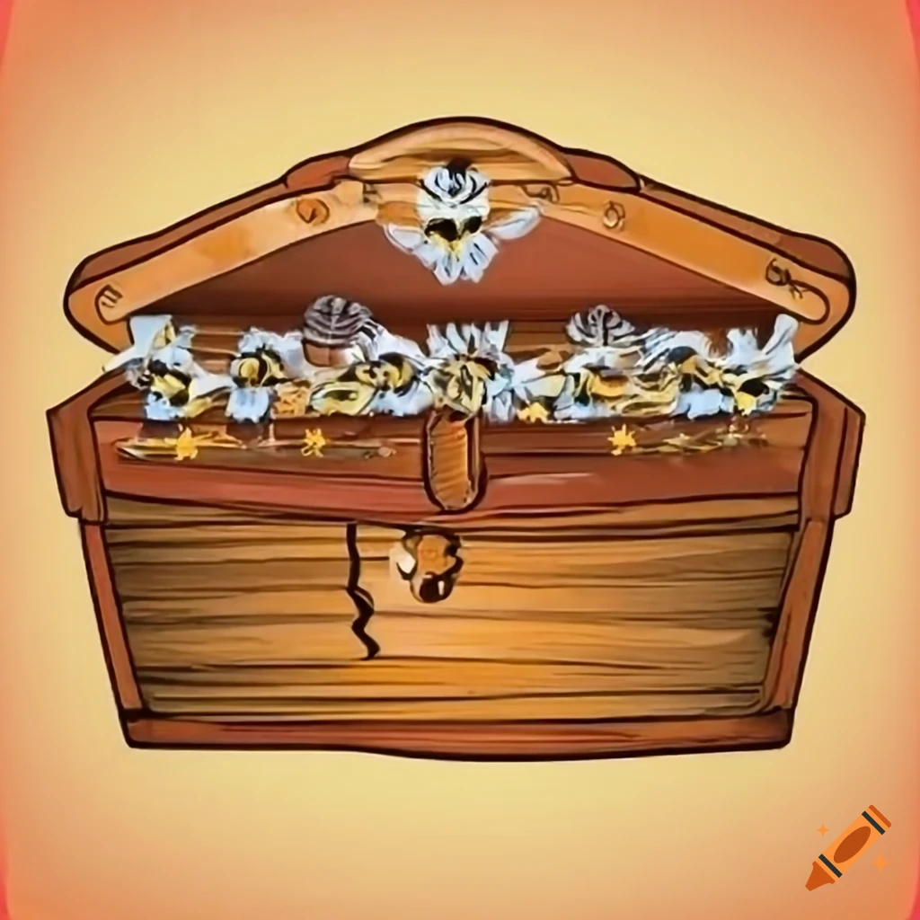 Wooden treasure chest filled with autumn orange flowers on Craiyon