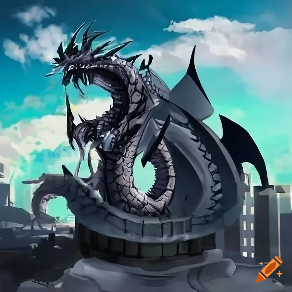 Digital art of a giant grey dragon sculpture on Craiyon