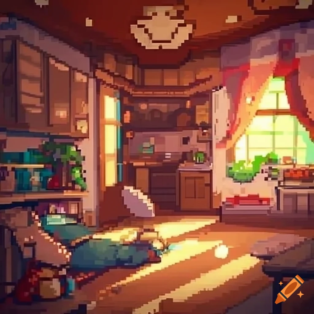 Cozy pixel art depiction of a fantasy home interior on Craiyon