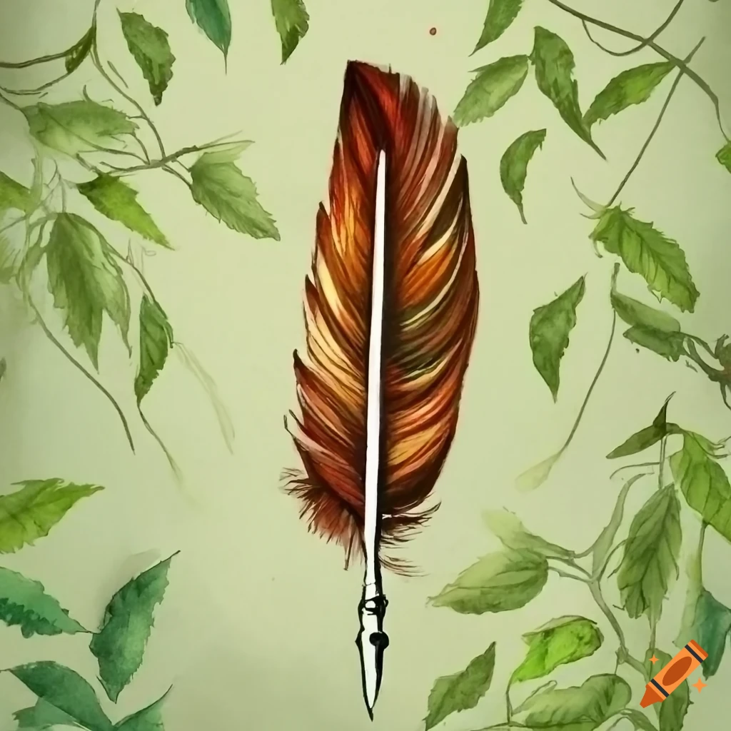 Illustration of a magical quill in a botanical setting