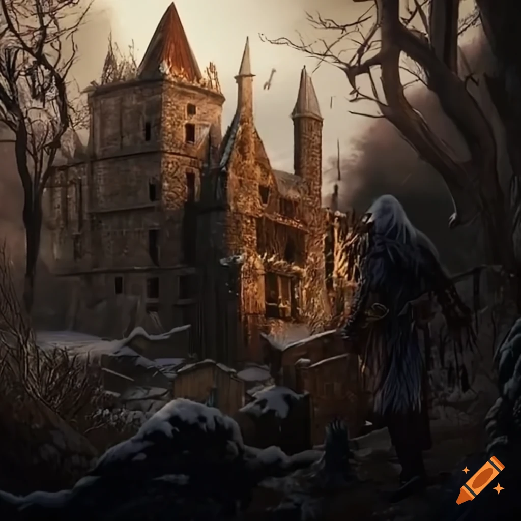 Digital art of a witcher ghost near a winter ruin
