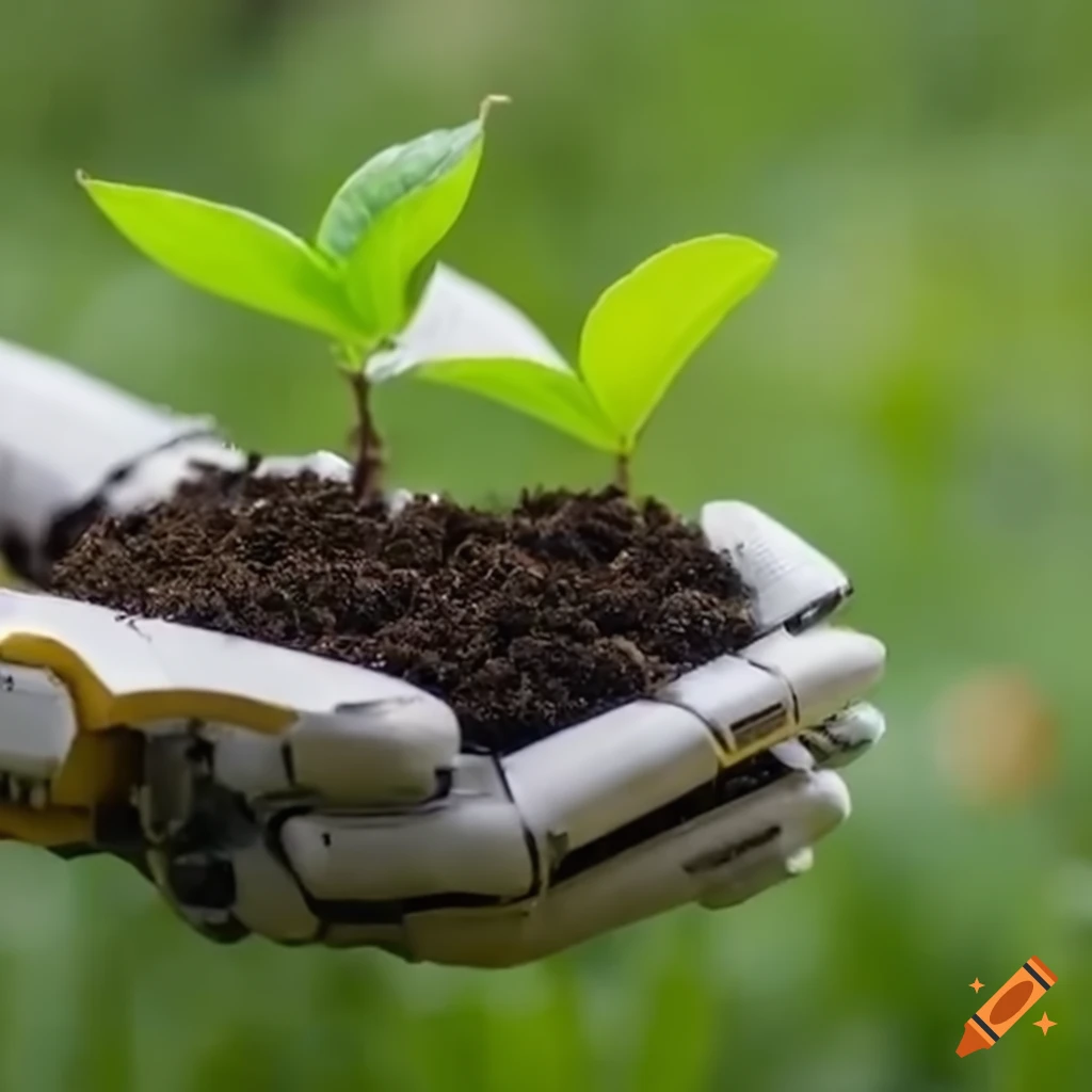 Robot hands holding a small plant and soil on Craiyon