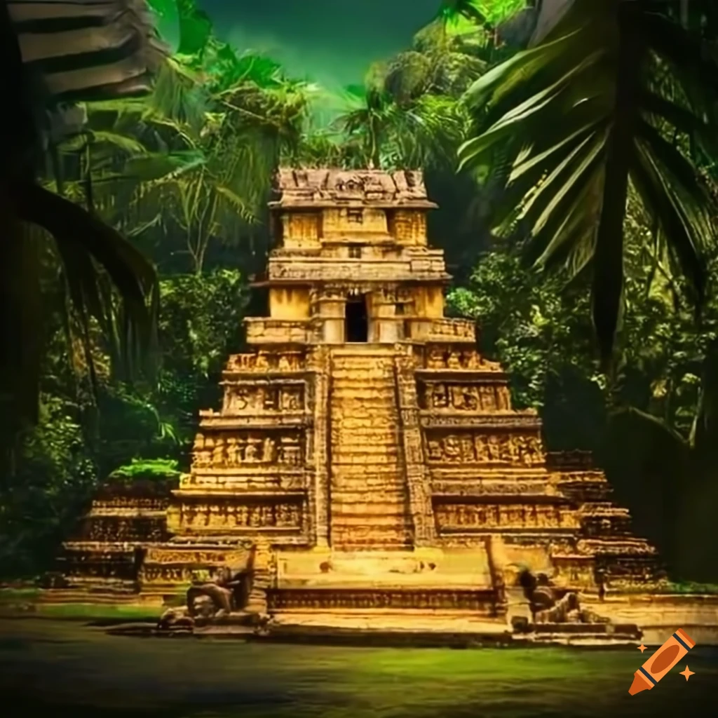 Golden aztec temple in a tropical forest on Craiyon