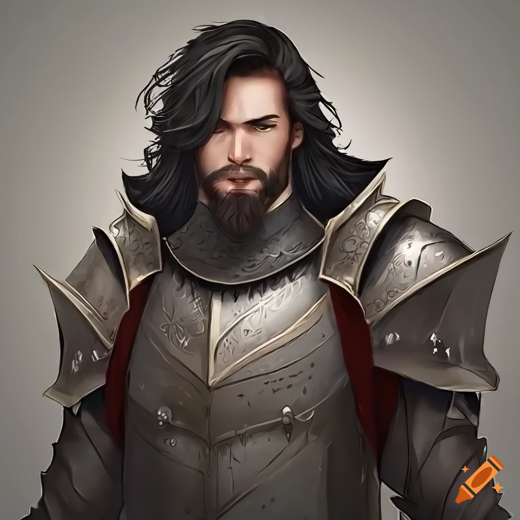 Detailed image of a strong knight with black hair and a beard on Craiyon