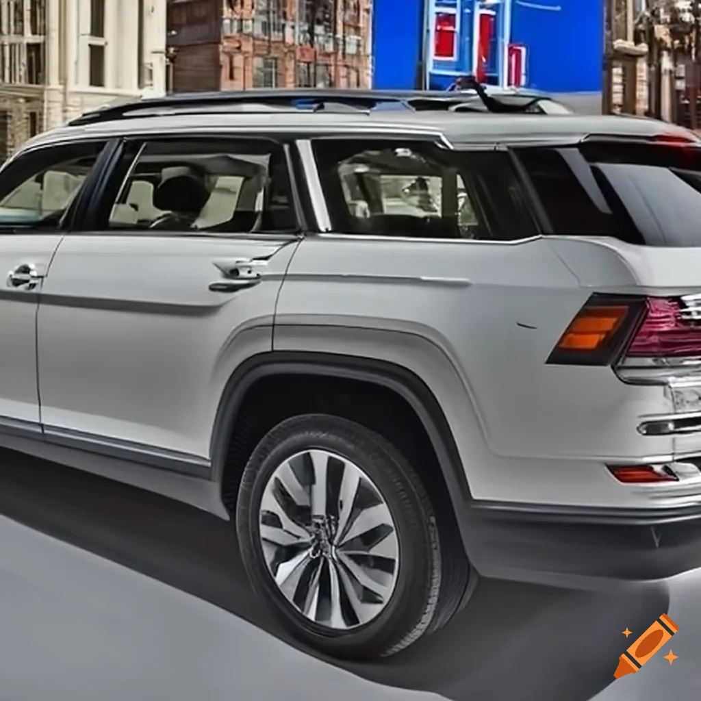 Rear view of a volkswagen atlas in downtown area on Craiyon