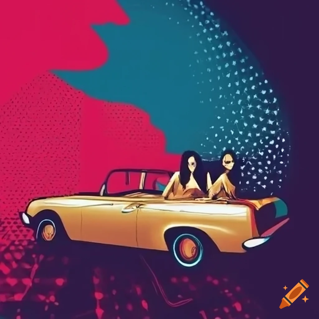 Pop art illustration of a woman driving a car on Craiyon