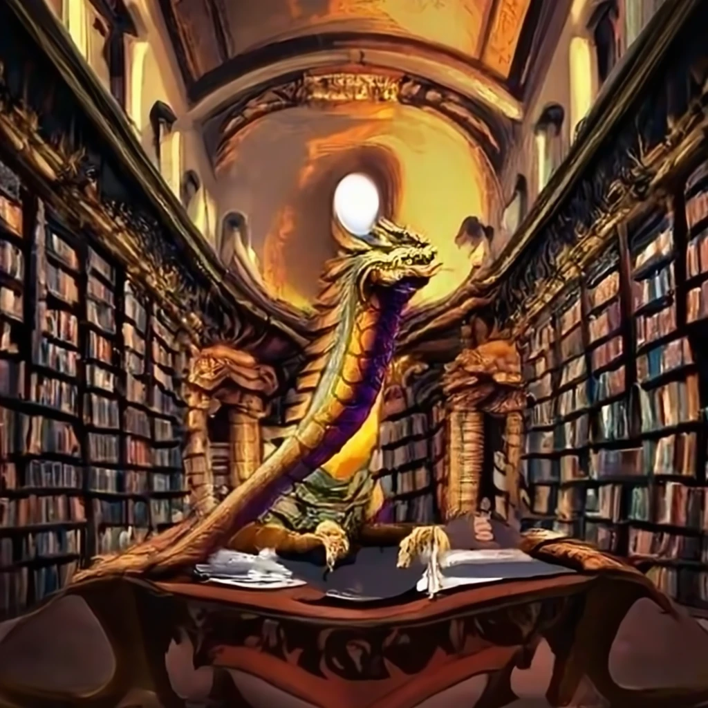 Illustration of a dragon in a library on Craiyon