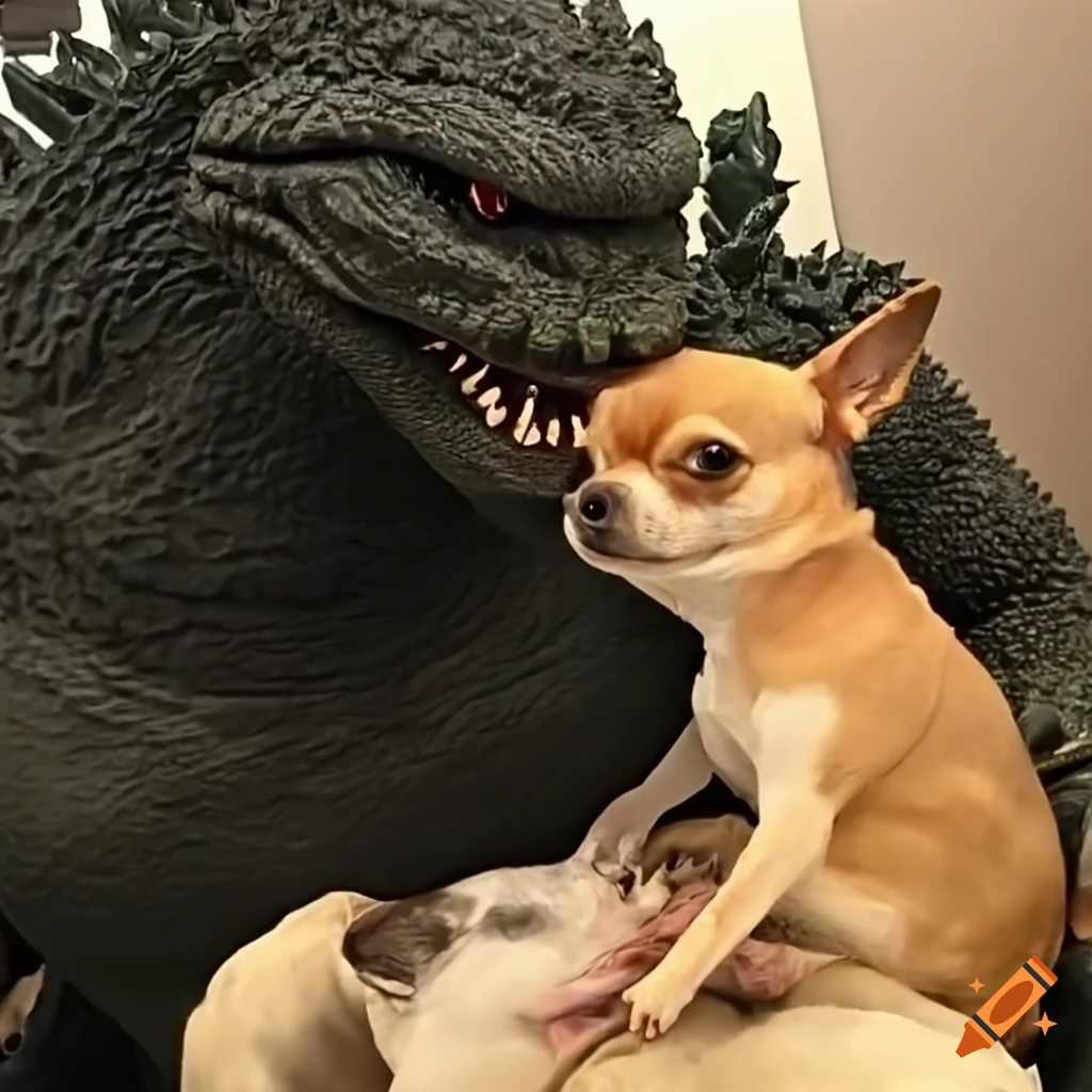 Godzilla and chihuahua taking a nap together on Craiyon