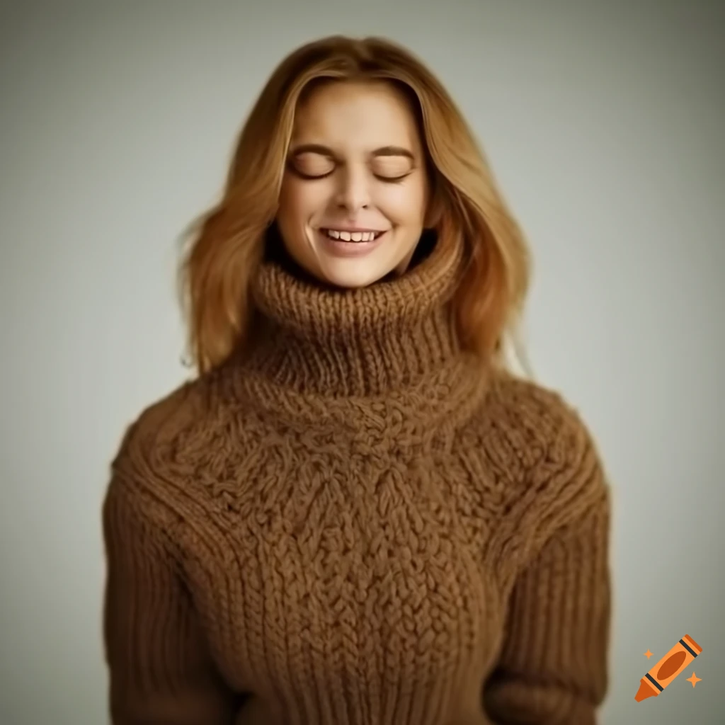 Woman wearing a chunky knit turtleneck sweater on Craiyon