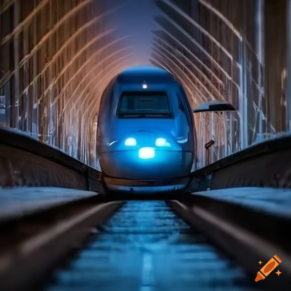 Blue and grey high speed train at Koln station on Craiyon