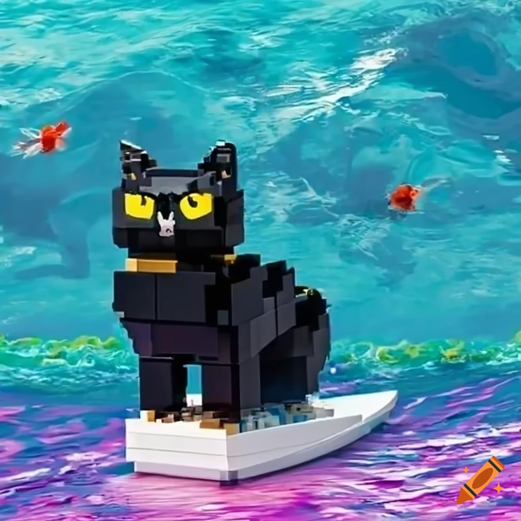 Lego black cat surfing at the ocean on Craiyon
