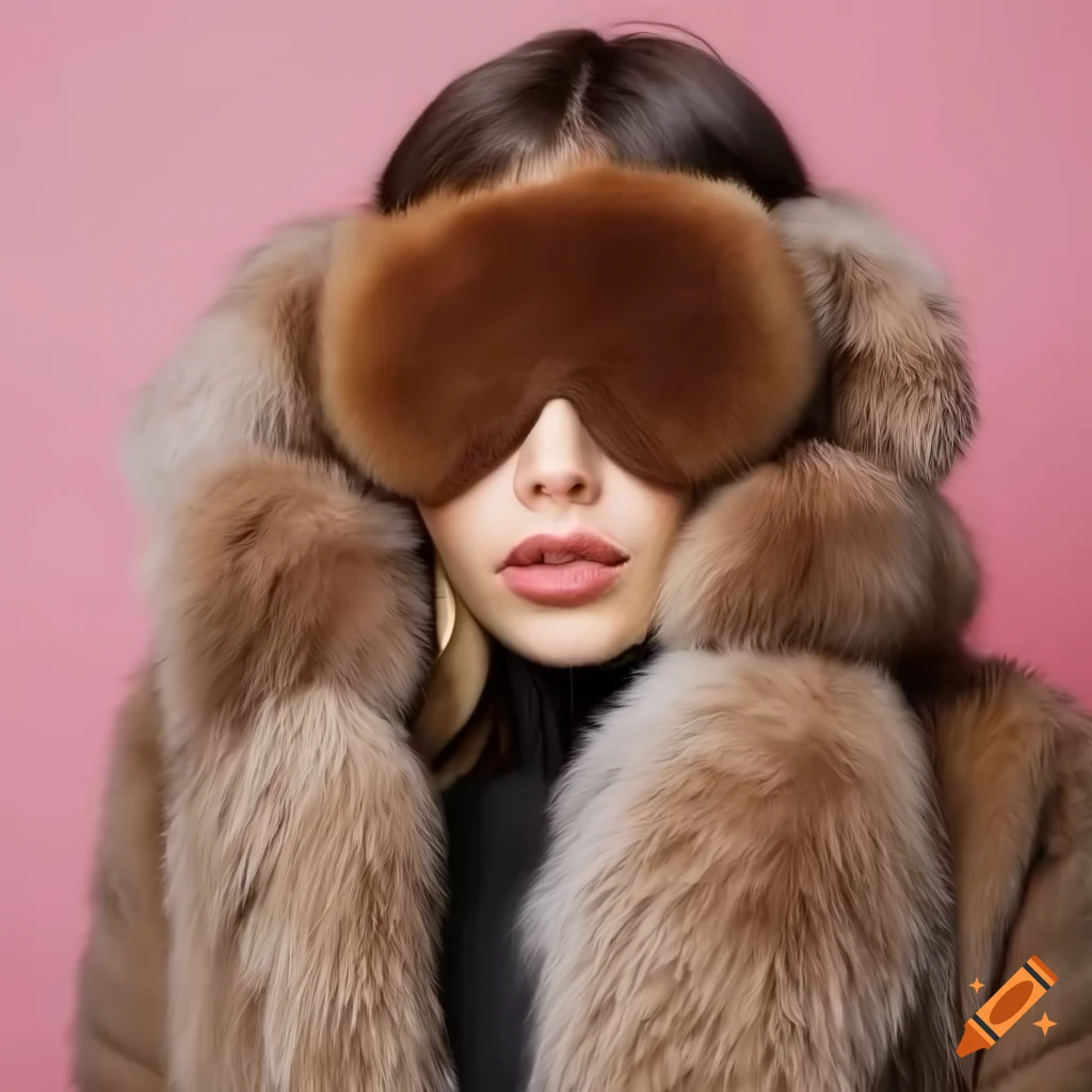 Woman wearing fur coat and sleep mask on Craiyon