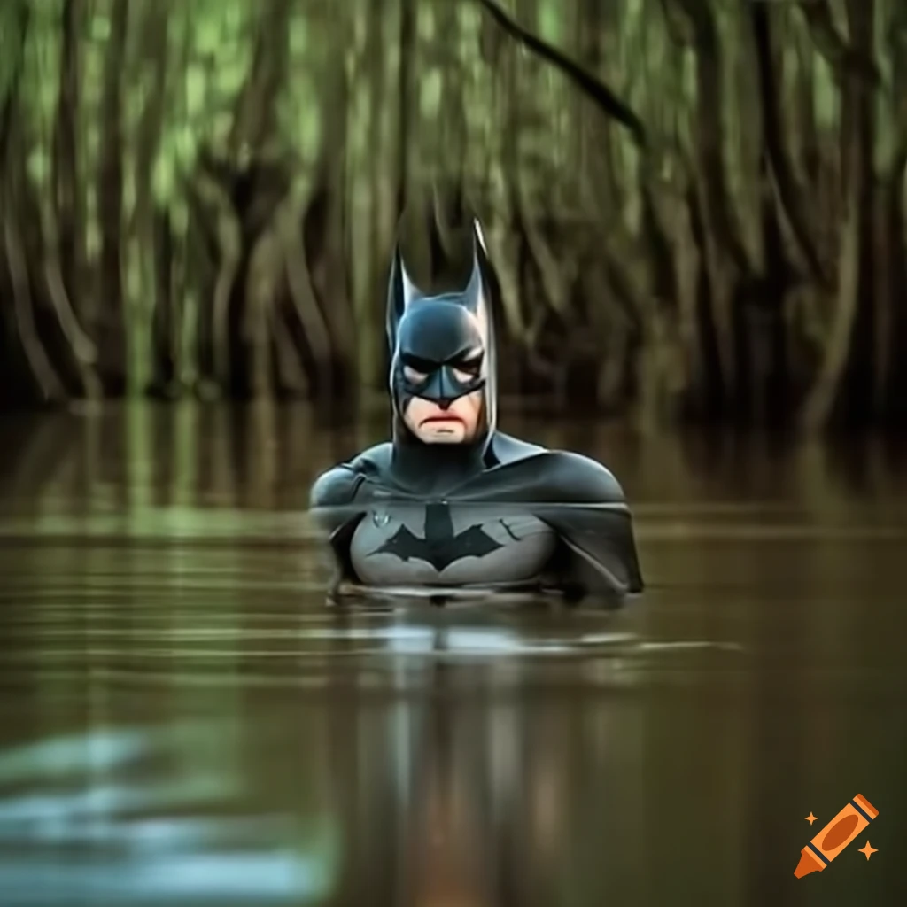 Batman relaxing on a pool float in the swamp on Craiyon