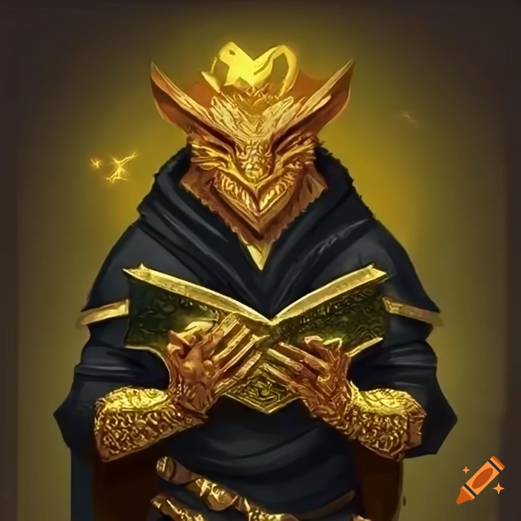 Gold dragonborn with a magical book
