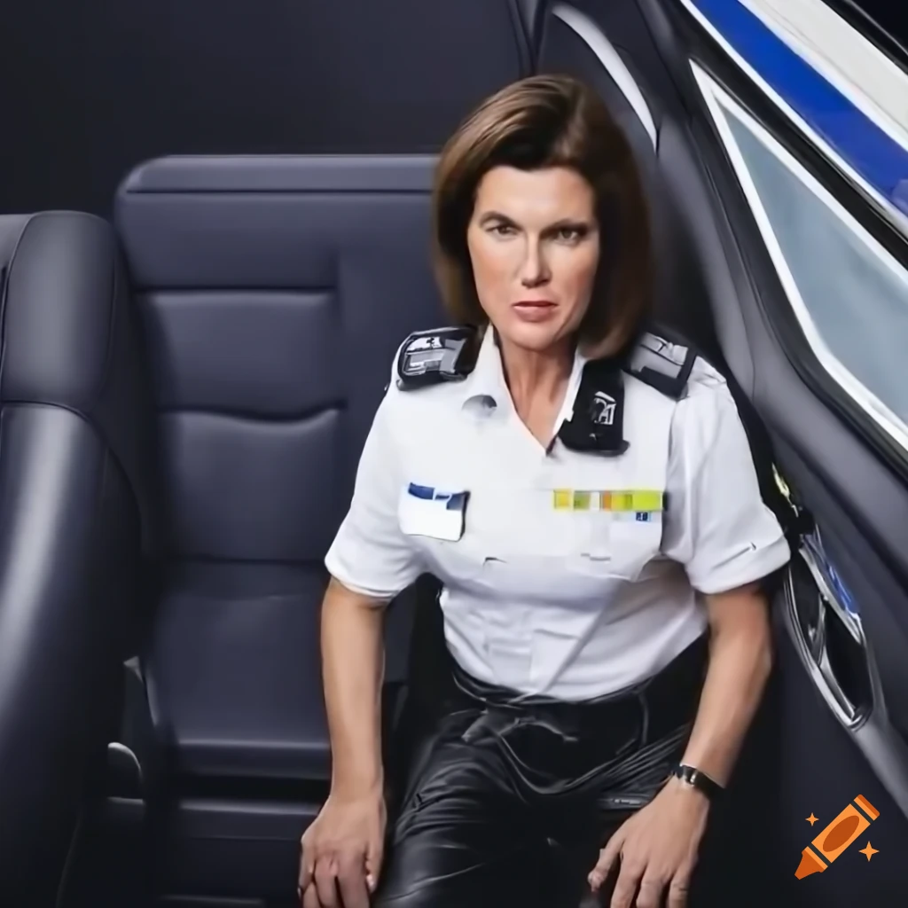 Hyperrealistic depiction of a British policewoman in a police car on Craiyon