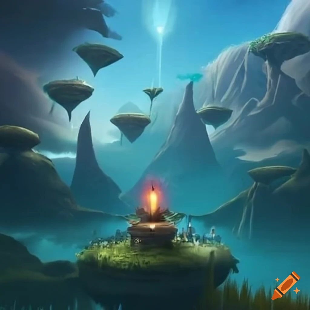 Illustration of a druid using magic to raise floating islands