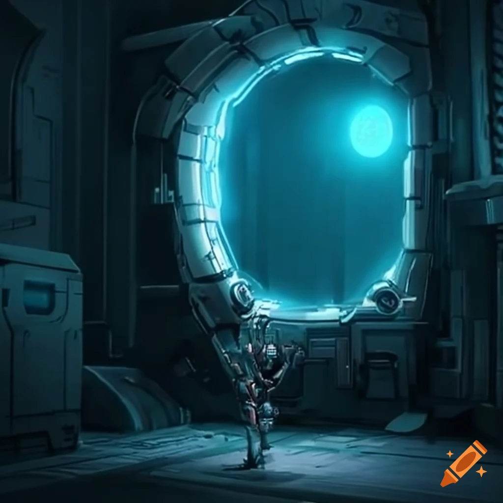 Futuristic robot looking at a portal
