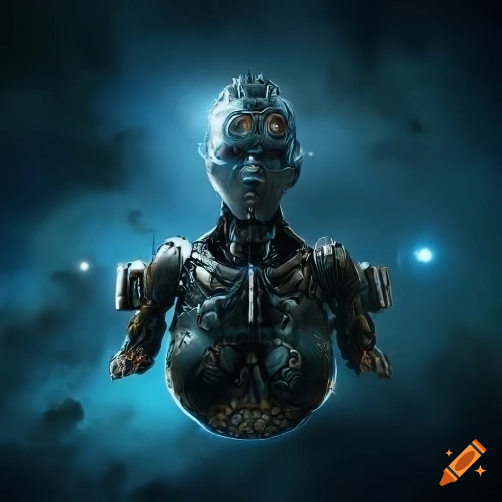 Scifi artwork of a cyborg general and dolphins in the sky on Craiyon