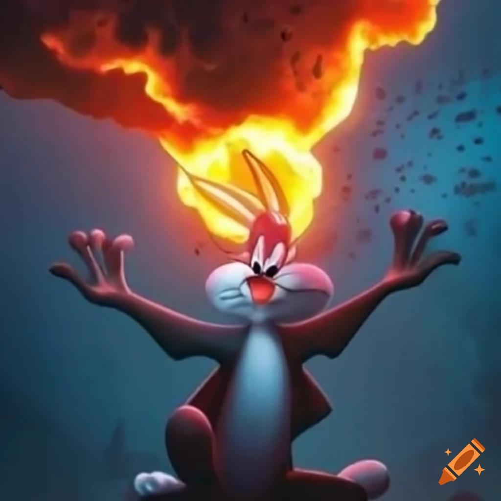 Looney tunes characters coming out of an atomic explosion portal on Craiyon
