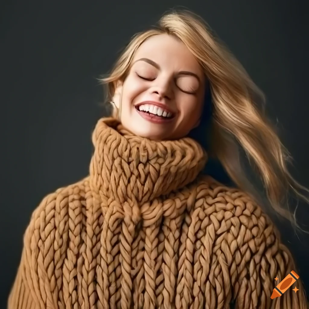 Woman in chunky knit turtleneck sweater on Craiyon