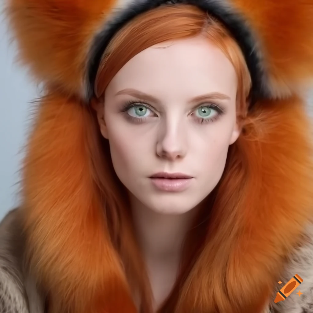Woman with green eyes and red hair wearing fox ears and fur on Craiyon