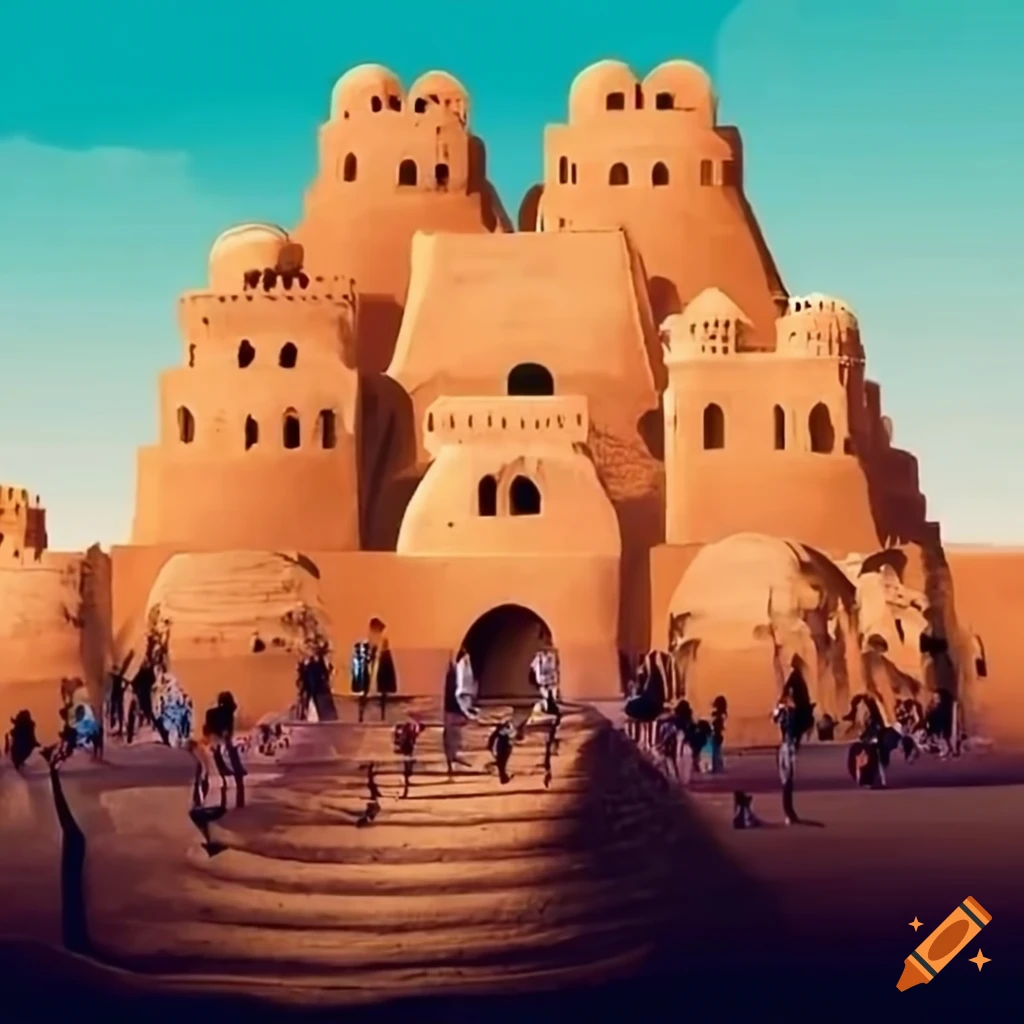 Arabian sandstone castle surrounded by palm trees on Craiyon