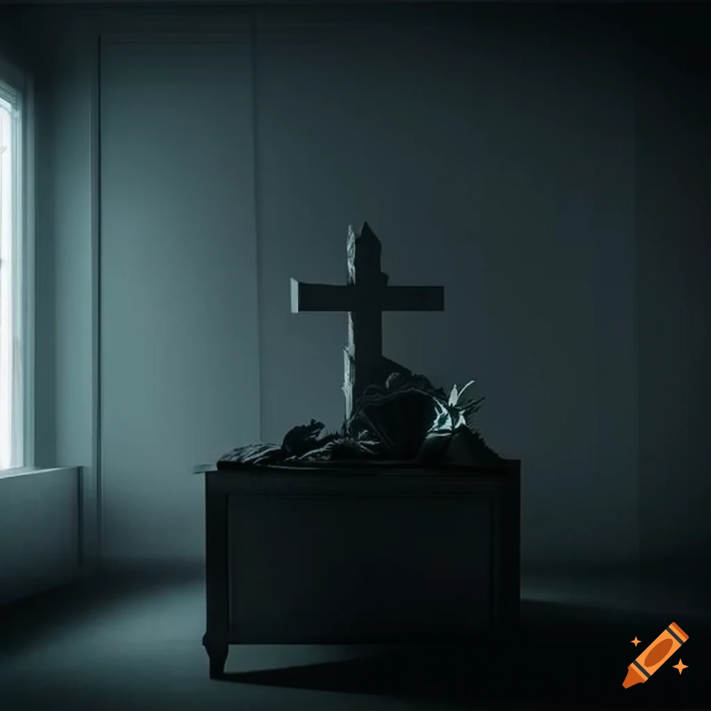 Interior design of a dark introspective room with a memorial grave