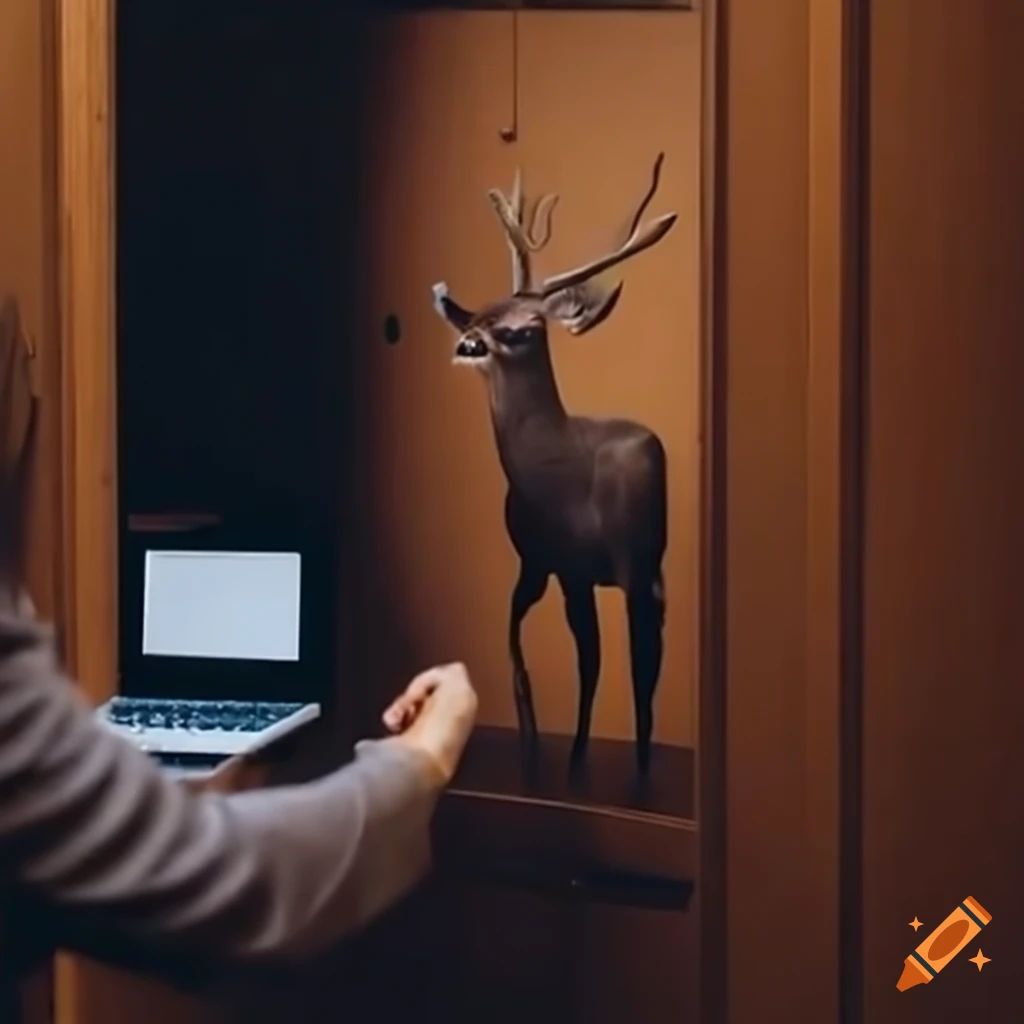 Funny image of a deer crashing into a room during a job interview