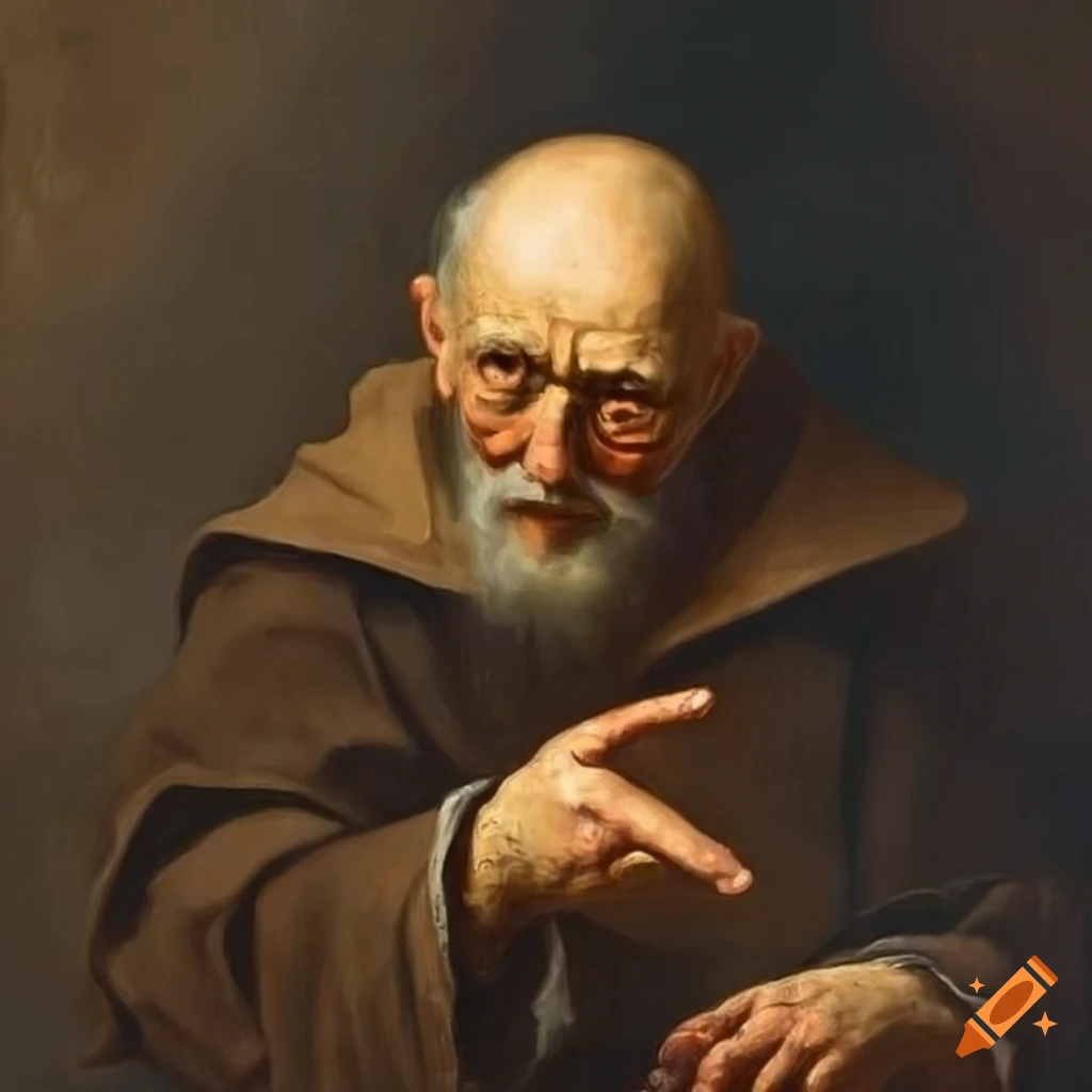 Dark baroque painting of an old monk pointing downwards on Craiyon