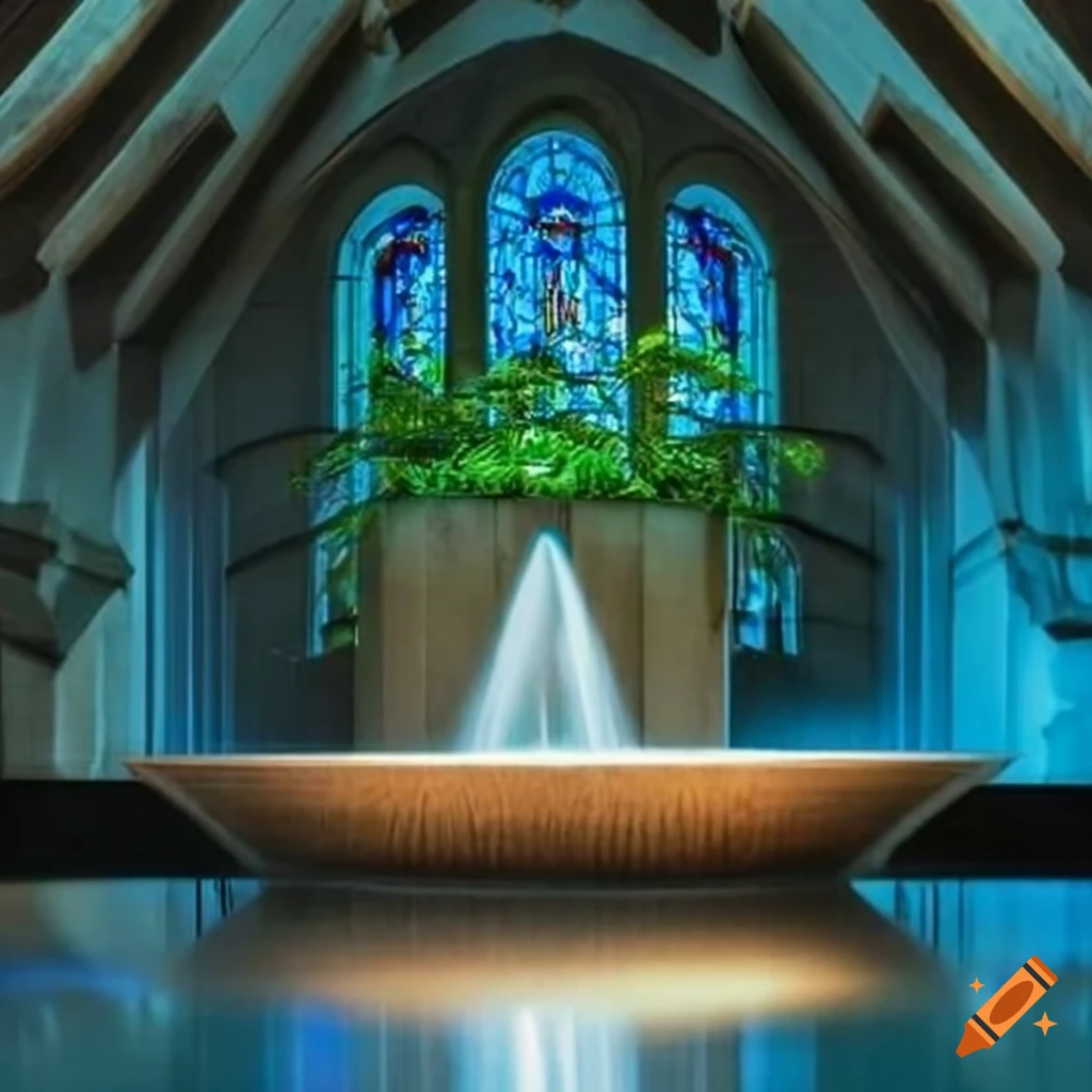 Modern wooden church interior with fountain and glass apse on Craiyon