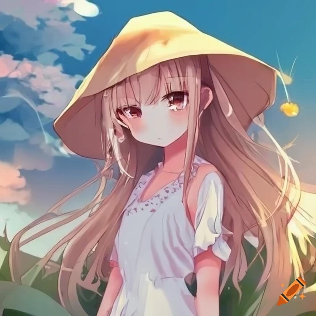 Cute anime girl in a white sunhat and sundress on Craiyon
