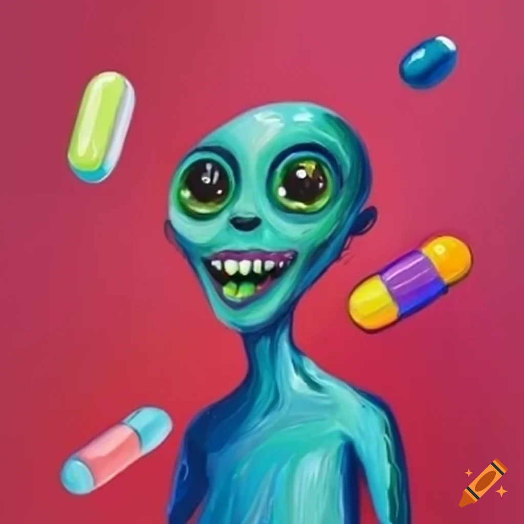 Illustration of an alien chatting with pills on Craiyon