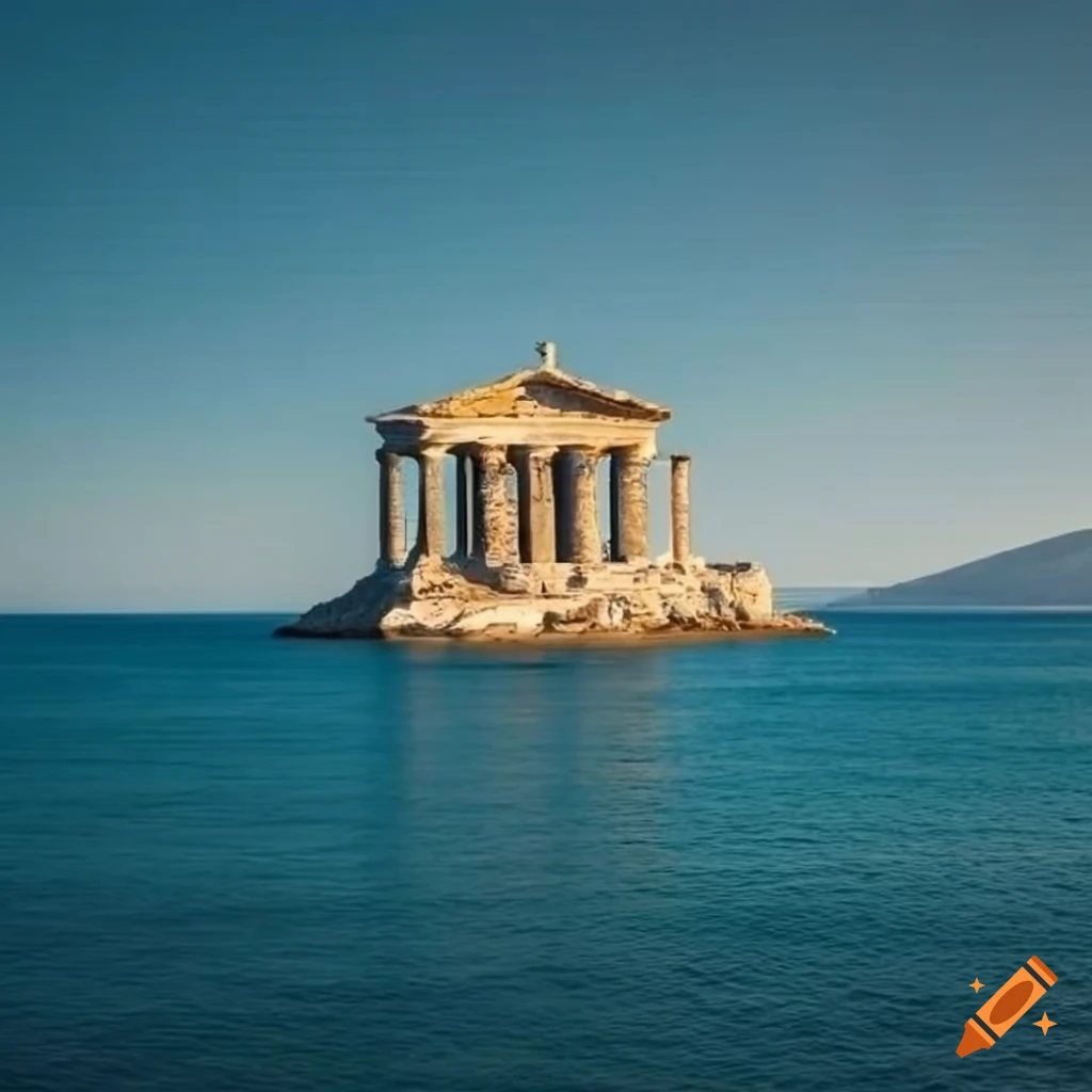 Scenic view of the Aegean Sea with a Greek temple on a cliff on Craiyon