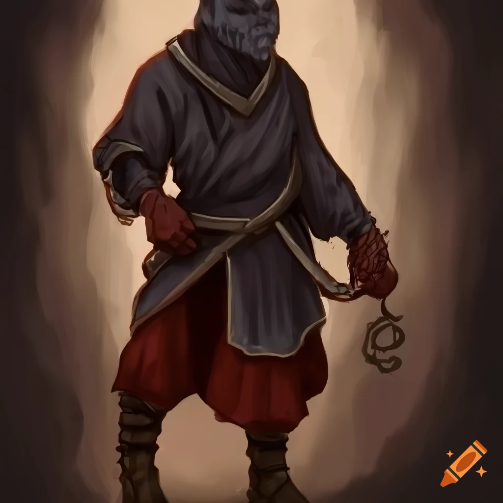 Art of a mysterious male dragonborn monk in a black cloak and mask on ...