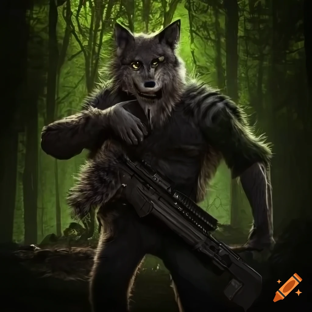 Anthropomorphic wolf in combat fatigues in the woods on Craiyon