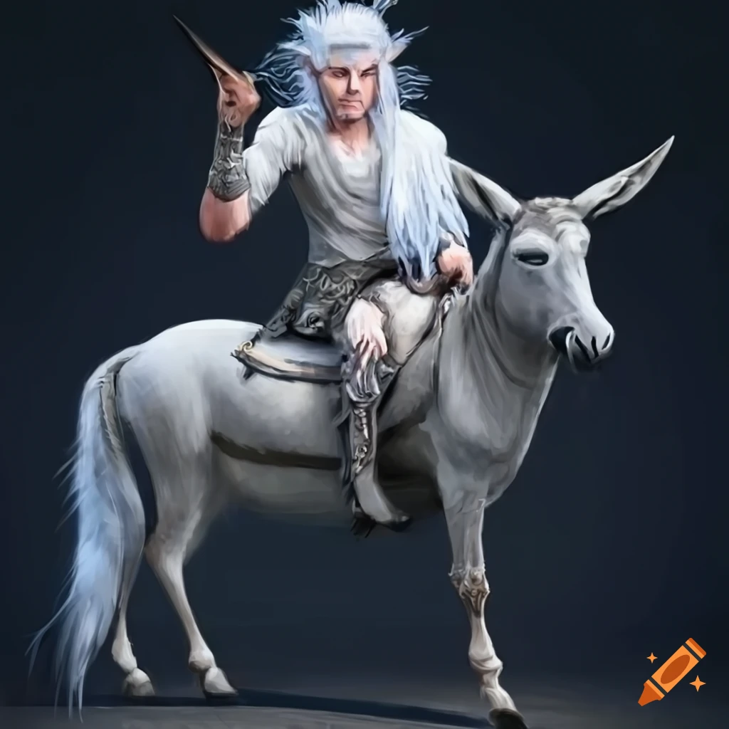 Image of a white-haired elven man riding a donkey