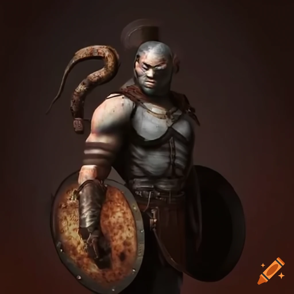 Image of a fierce warrior with a rusty shield and oxygen tank on Craiyon