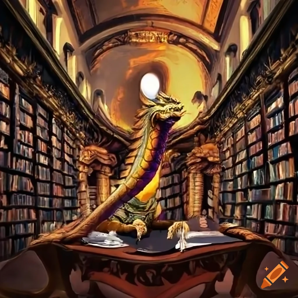 Illustration of a dragon in a library on Craiyon