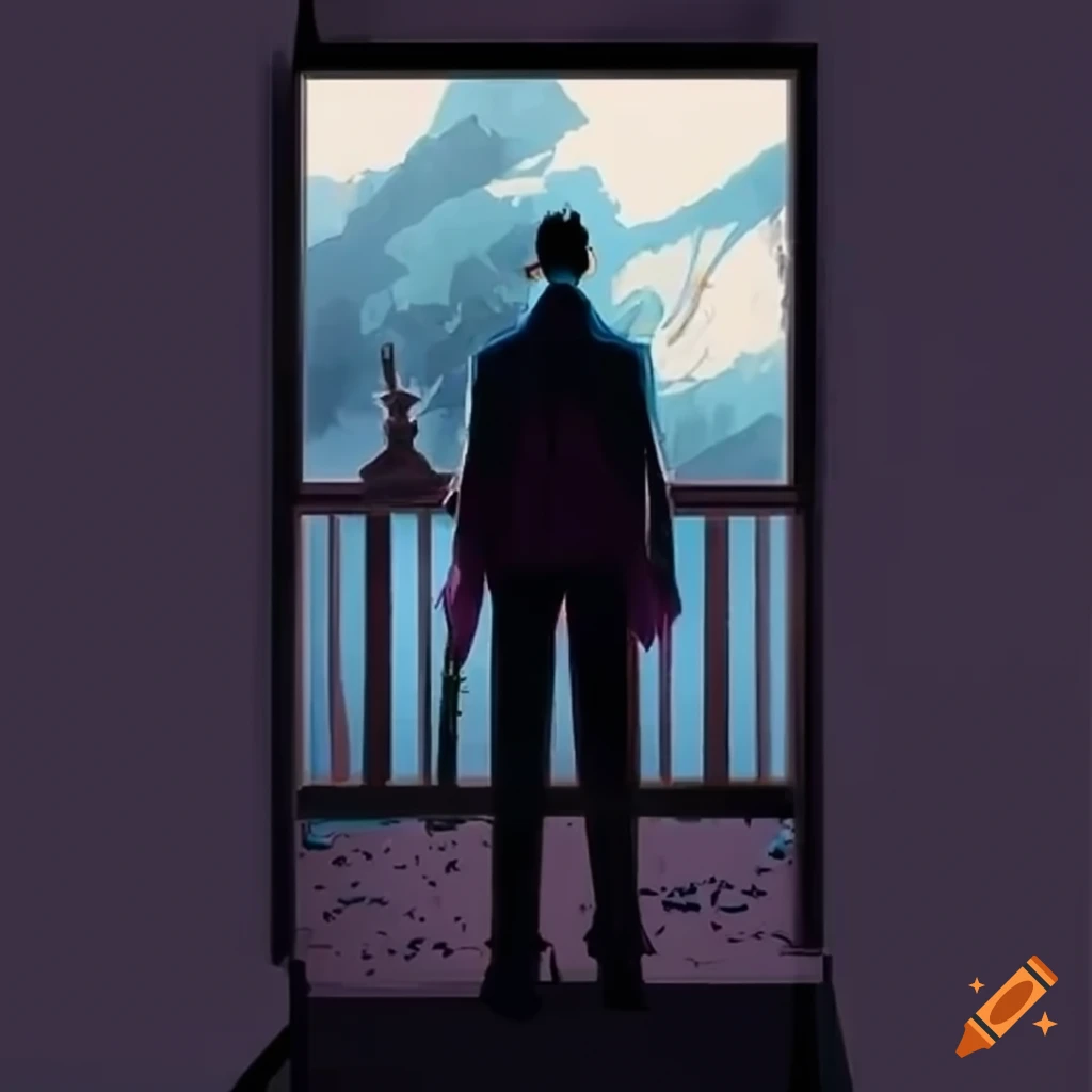 Anime-style illustration of a shadowy figure looking out a window on ...